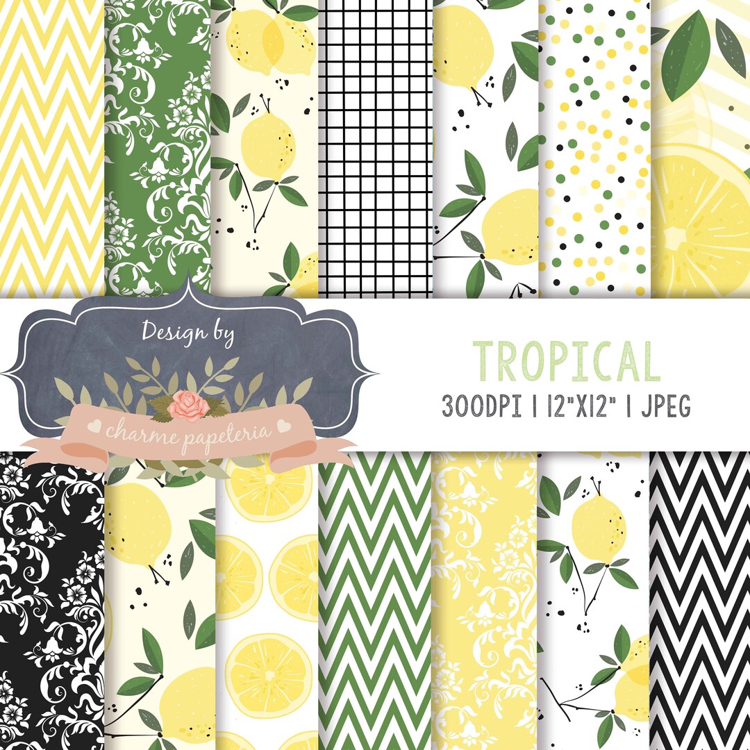 Lemon Digital Paper Tropical Digital Paper Grid Digital - Etsy