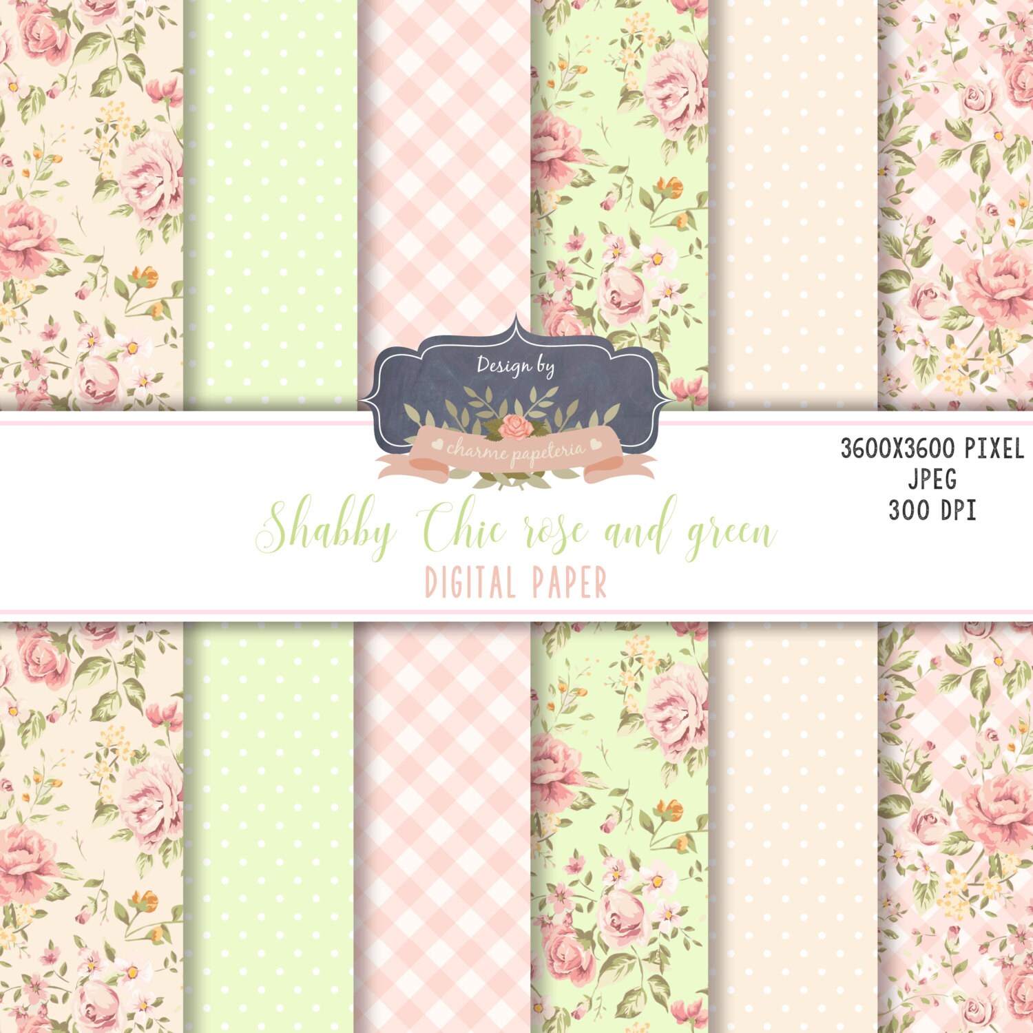 Floral digital paper cottage paper floral green and pink | Etsy