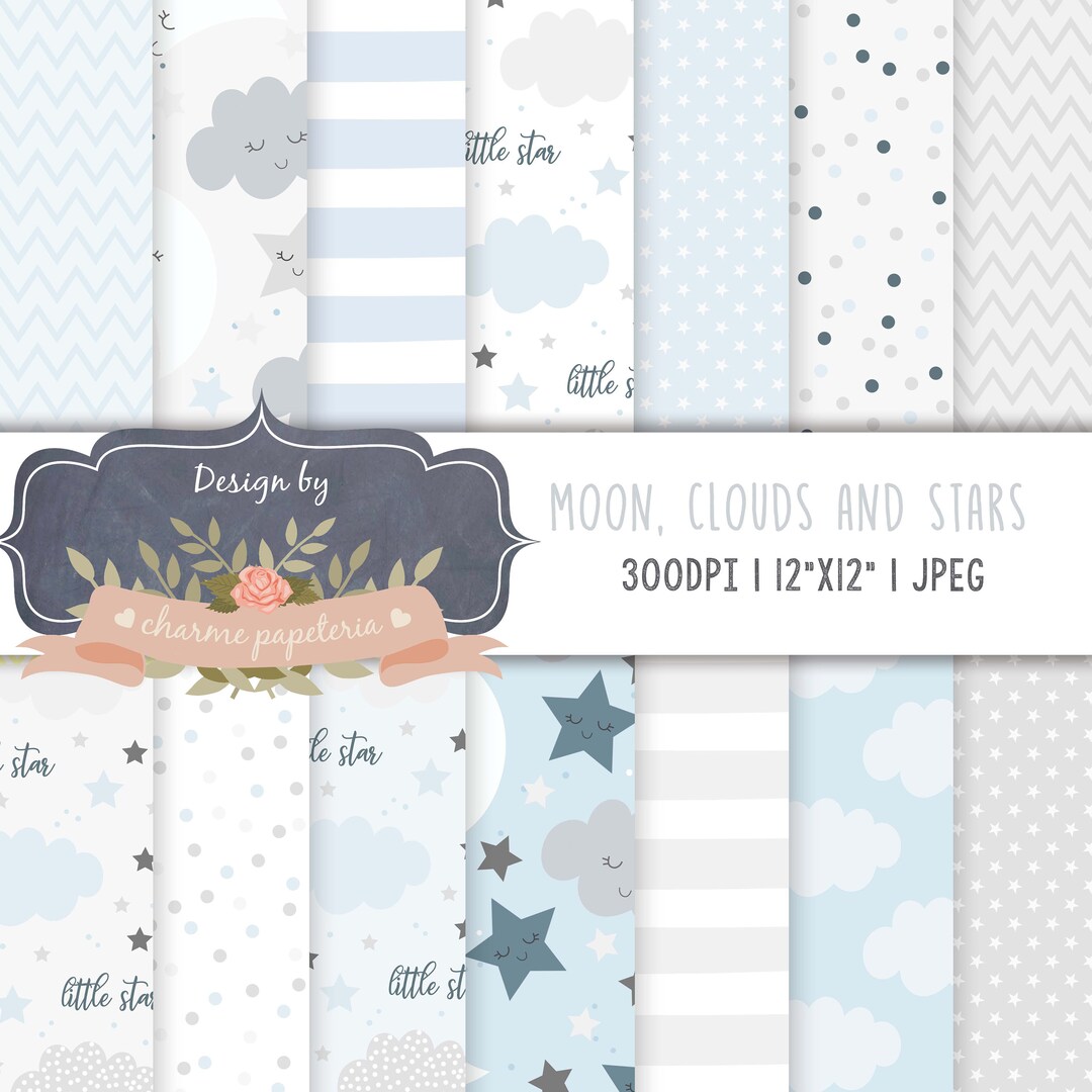 Cloud Digital Paper, Baby Blue Clouds Digital Papers, Moon Clouds Stars ...
