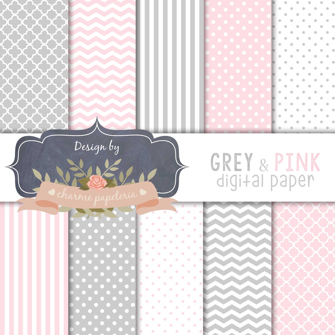 Pink Grey Digital Paper,baby Pink Gray Digital Paper Pack, Pink Digital ...