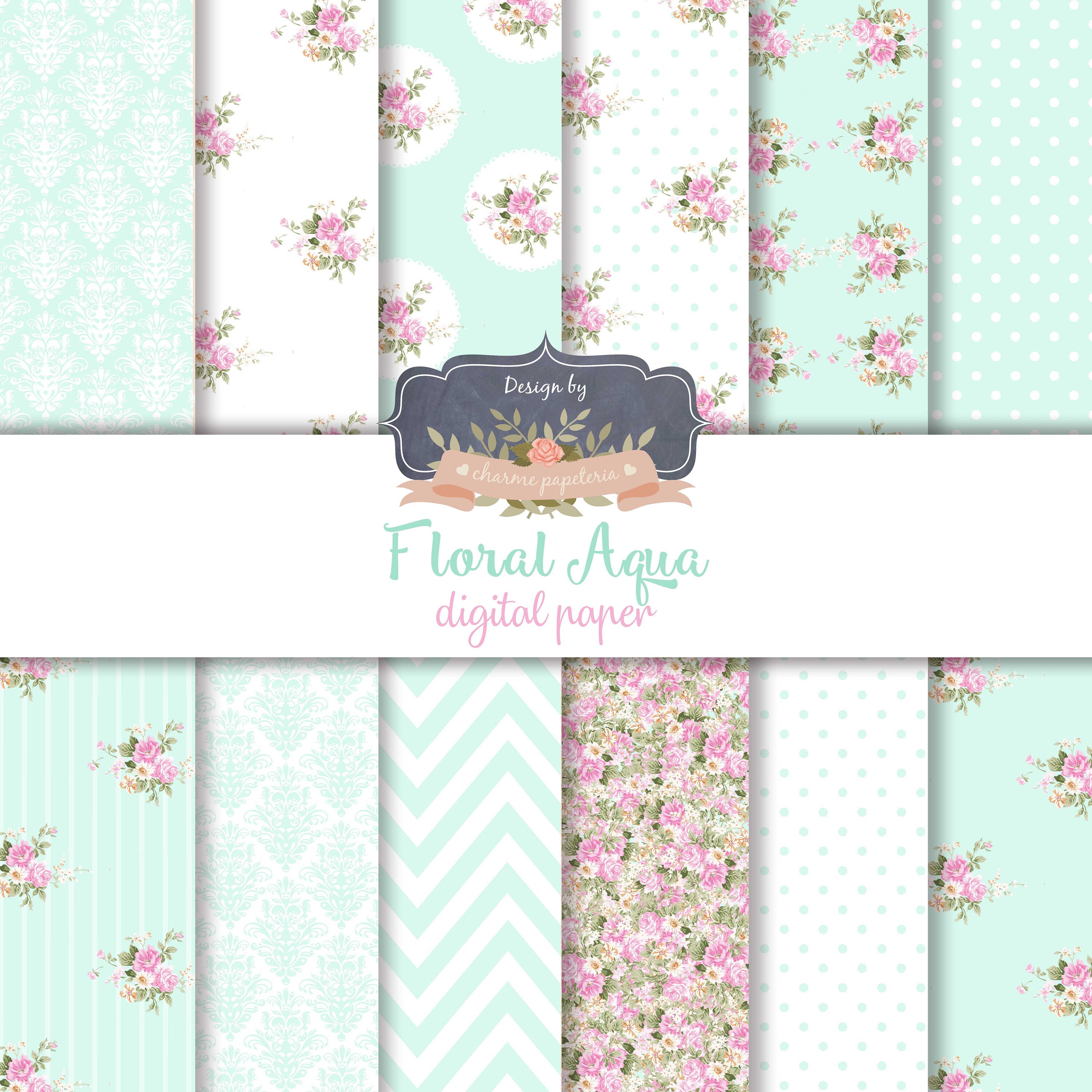Aqua Digital Paper, Shabby Chic Digital Paper, Shabby Chic, Aqua and ...
