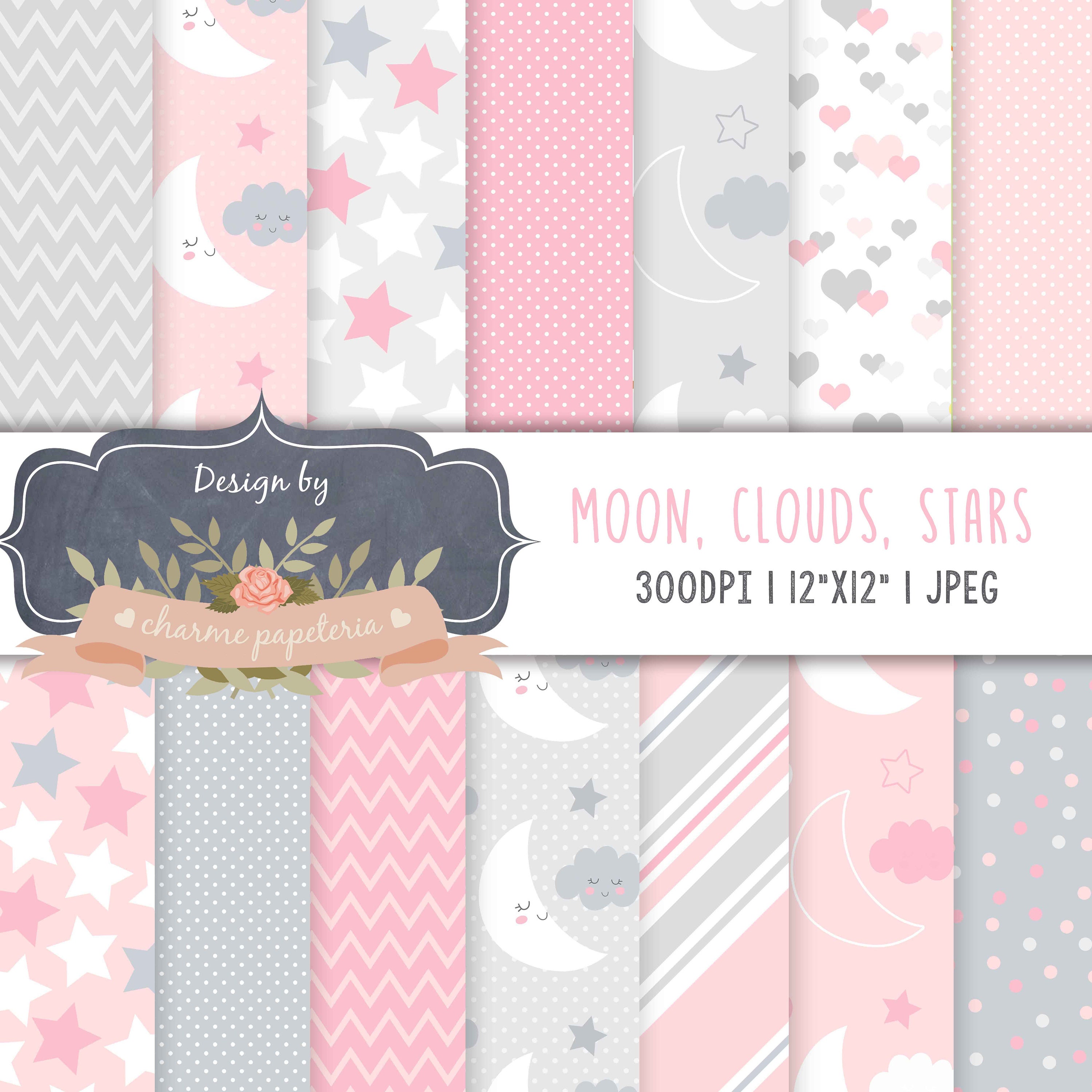 Cloud Digital Paper, Moon Clouds Stars Digital Paper, Moon Digital ...