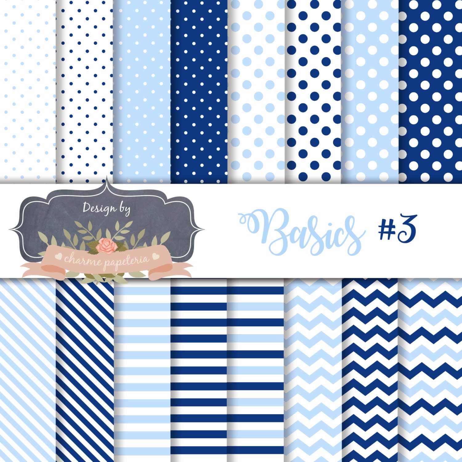 SALE 16 X Blue Digital Papers, Blue Chevrons, Blue Polka Dots, Spots ...