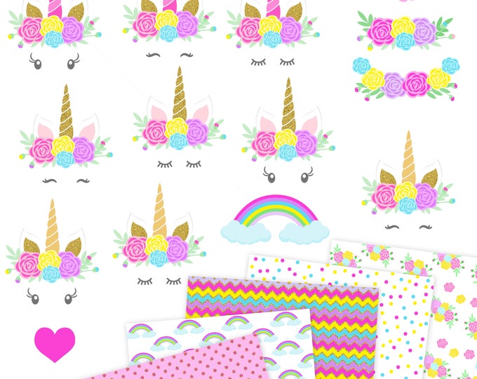 Unicorns. Watercolor Clip Art, Rainbow, Hearts, Flowers, Stars, Candy ...