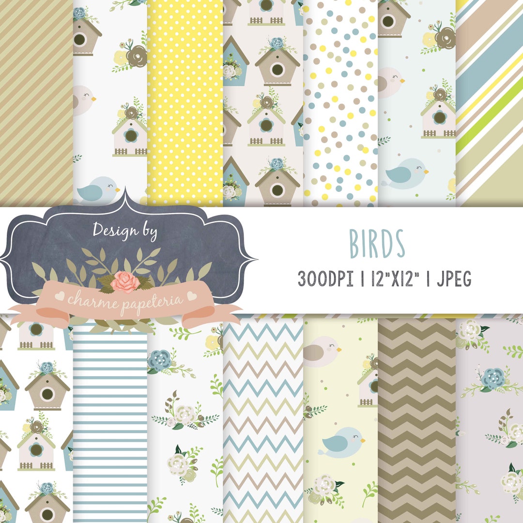 Birds Digital Paper, Spring Digital Paper, Bird House, Flowers, Birds ...