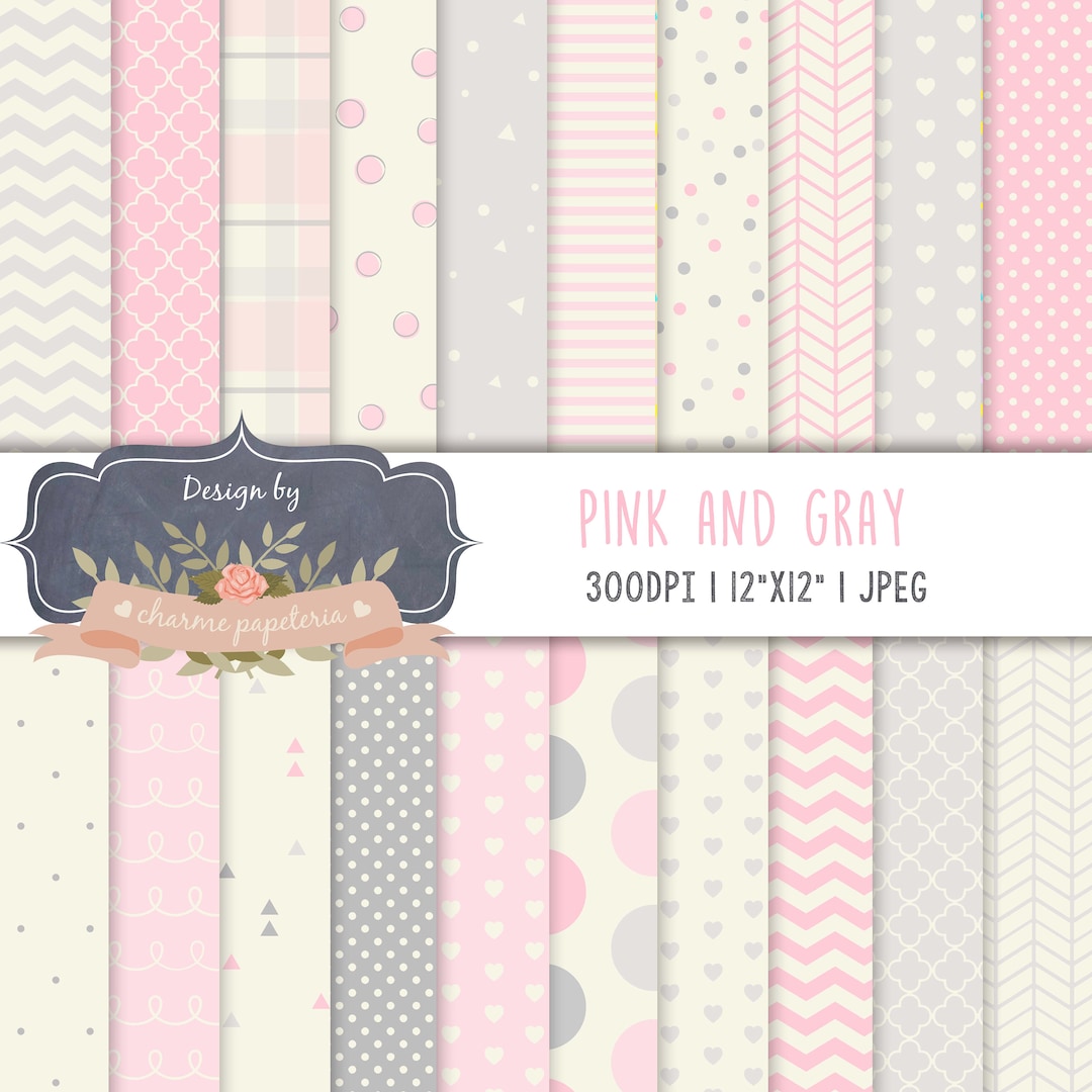 Pink and Gray Digital Paper, Pink and Gray Triangles Paper, Polka Dots ...