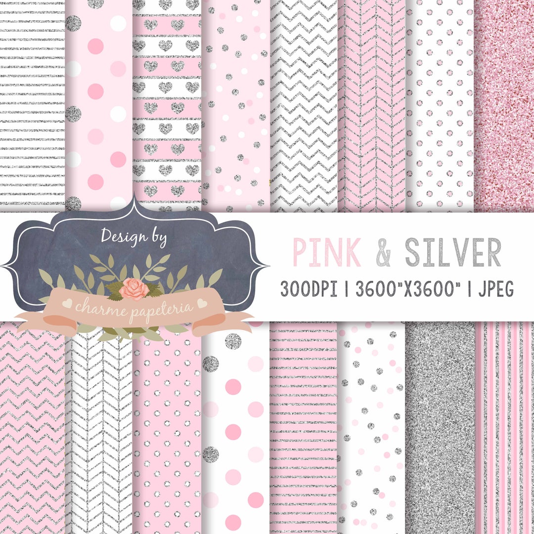 Pink and Silver Glitter Digital Papers, Pink and Silver Scrapbook ...