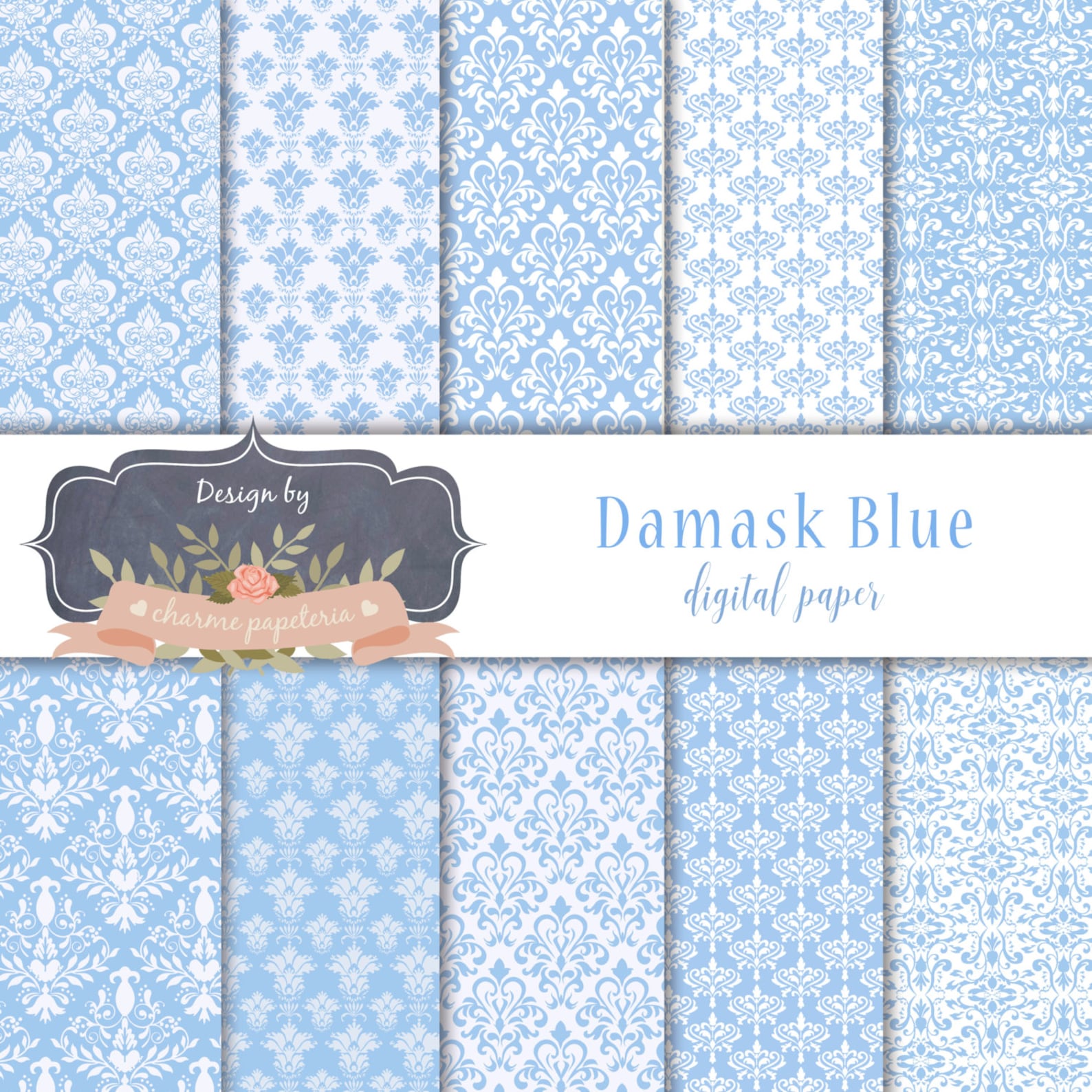 SALE 10 X Damask Blue Digital Papers Blue Digital Paper | Etsy