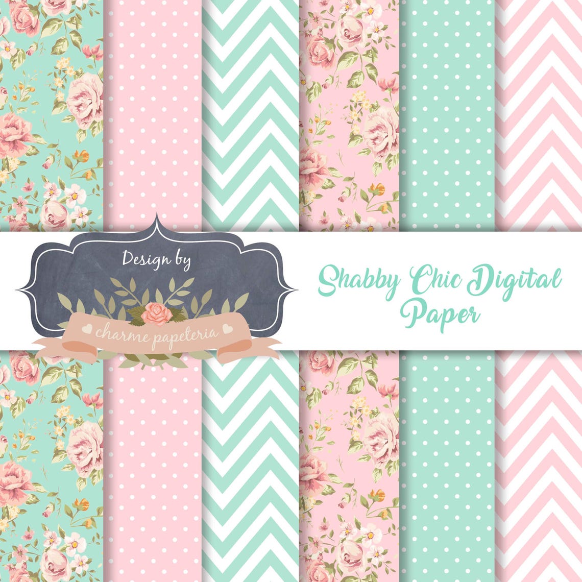 Aqua Digital Paper Aqua and Pink Floral Digital Paper - Etsy