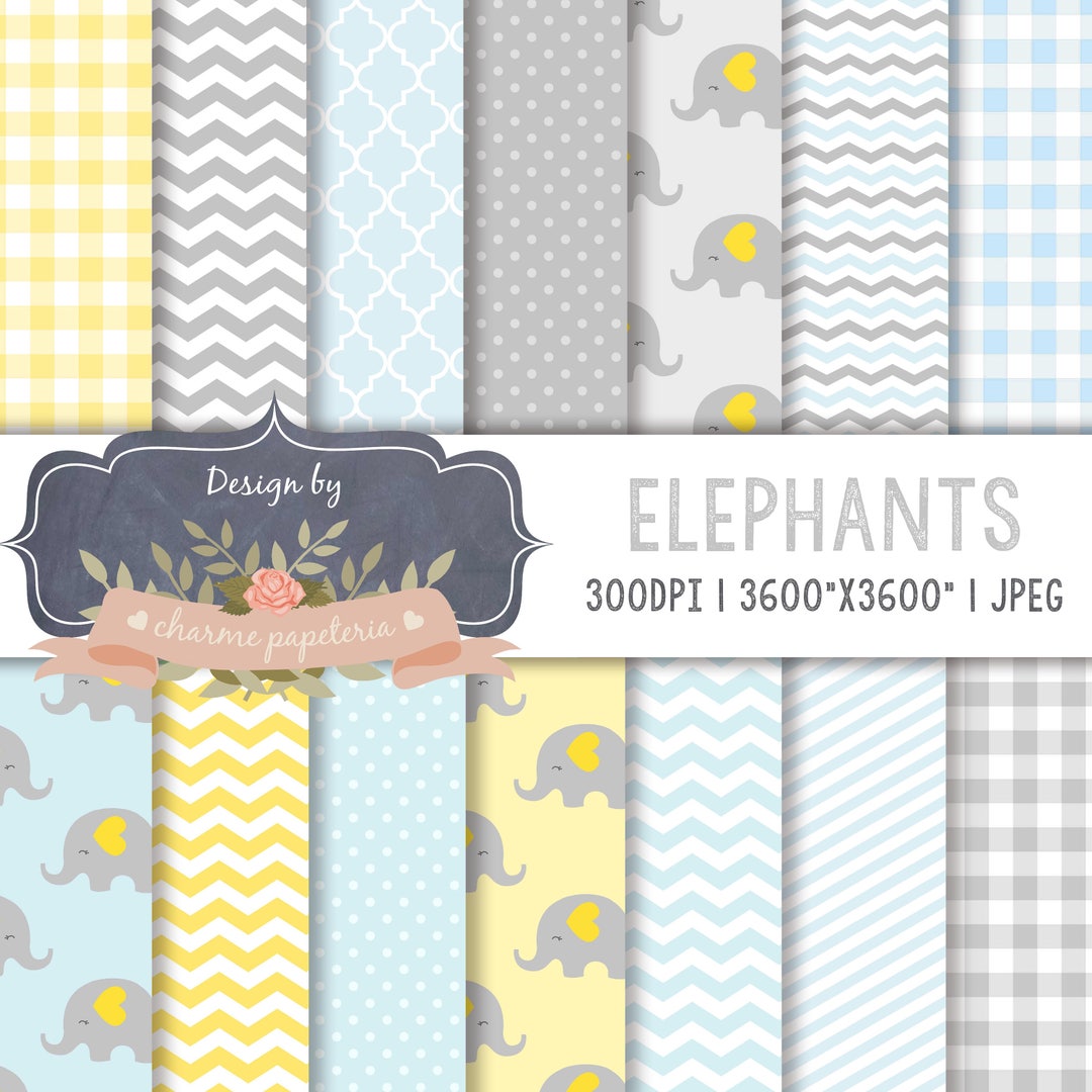 Yellow and Blue Elephant Digital Paper, Gray Elephant Digital Paper ...