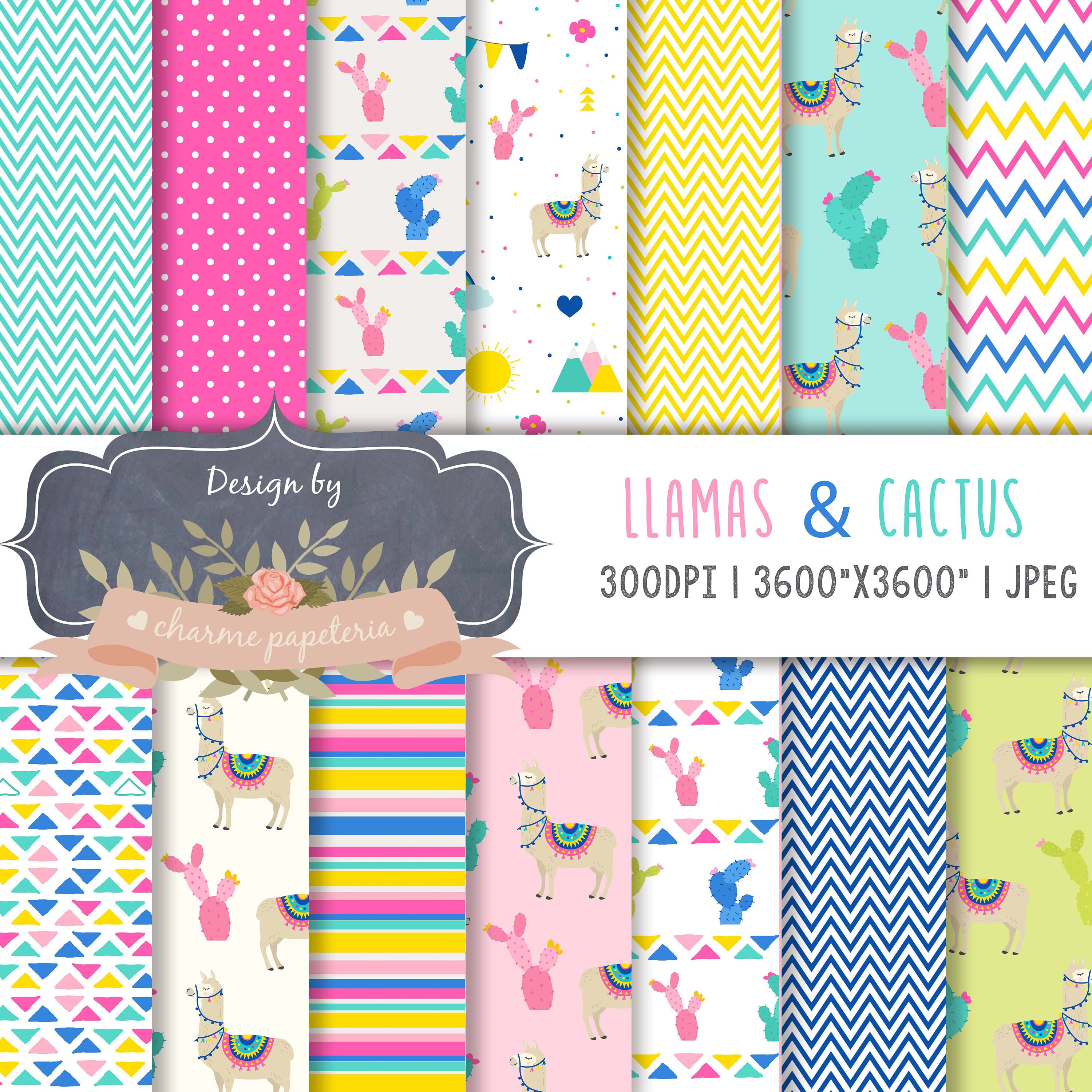 Llamas and Cactus Digital Paper, Planner Girl, Mountain Llamas Cactus ...