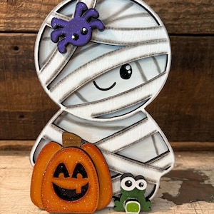 Halloween Mummy Decor, Cute Mummy Shelf Sitter, Pumpkin and Spider Sign ...