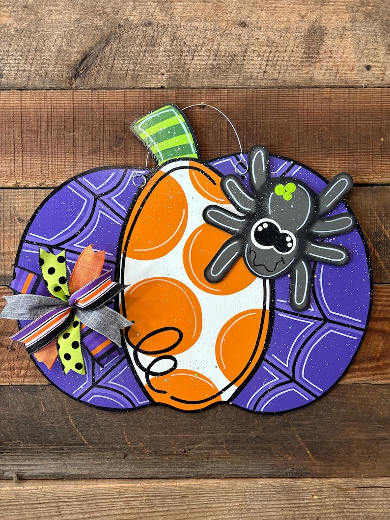 Spider Pumpkin Door Hanger, Halloween Door Sign With Bow, Cute Spider ...