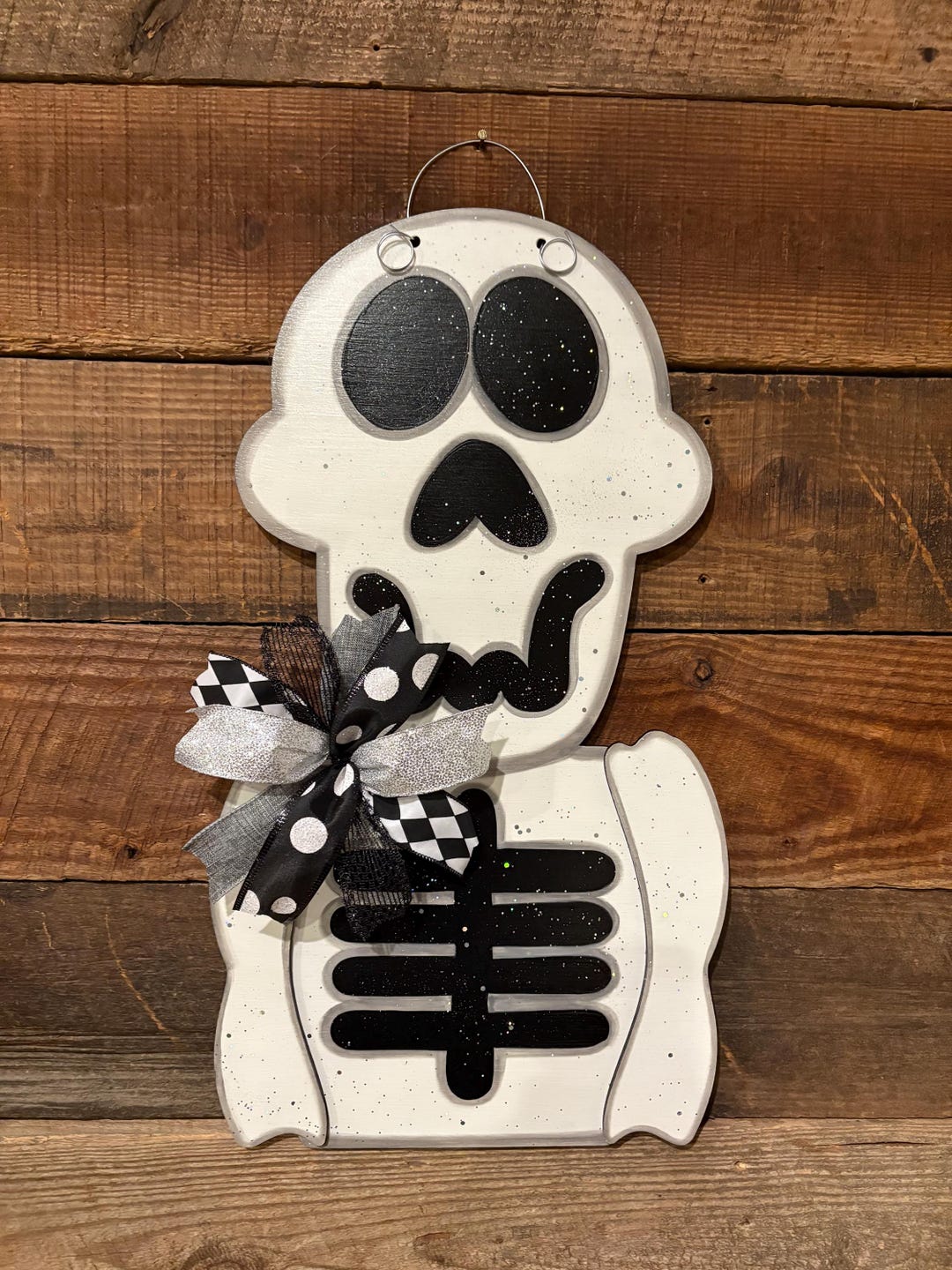 Skeleton Halloween Door Hanger, Hand Painted Skeleton Sign With Bow ...