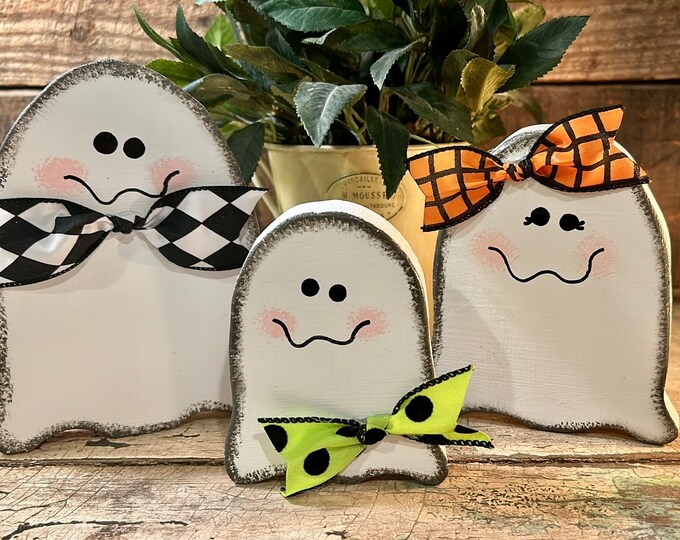 Handmade Wooden Ghost Shelf Sitters With Bows Halloween Decor, Spooky ...