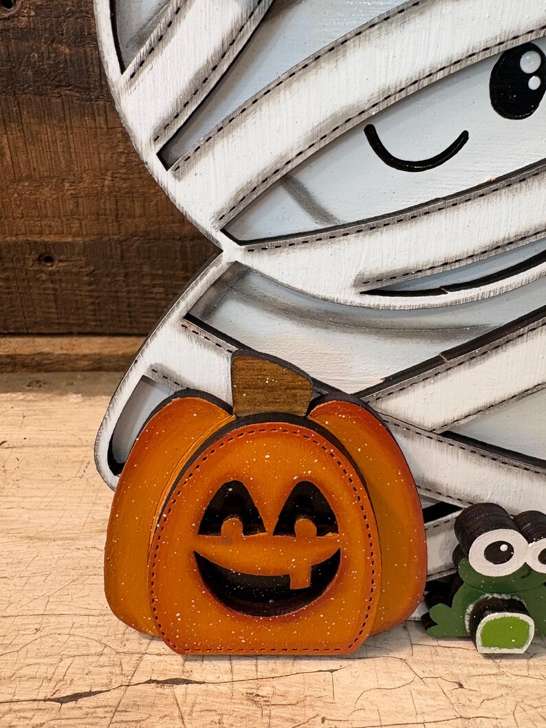 Halloween Mummy Decor, Cute Mummy Shelf Sitter, Pumpkin and Spider Sign ...