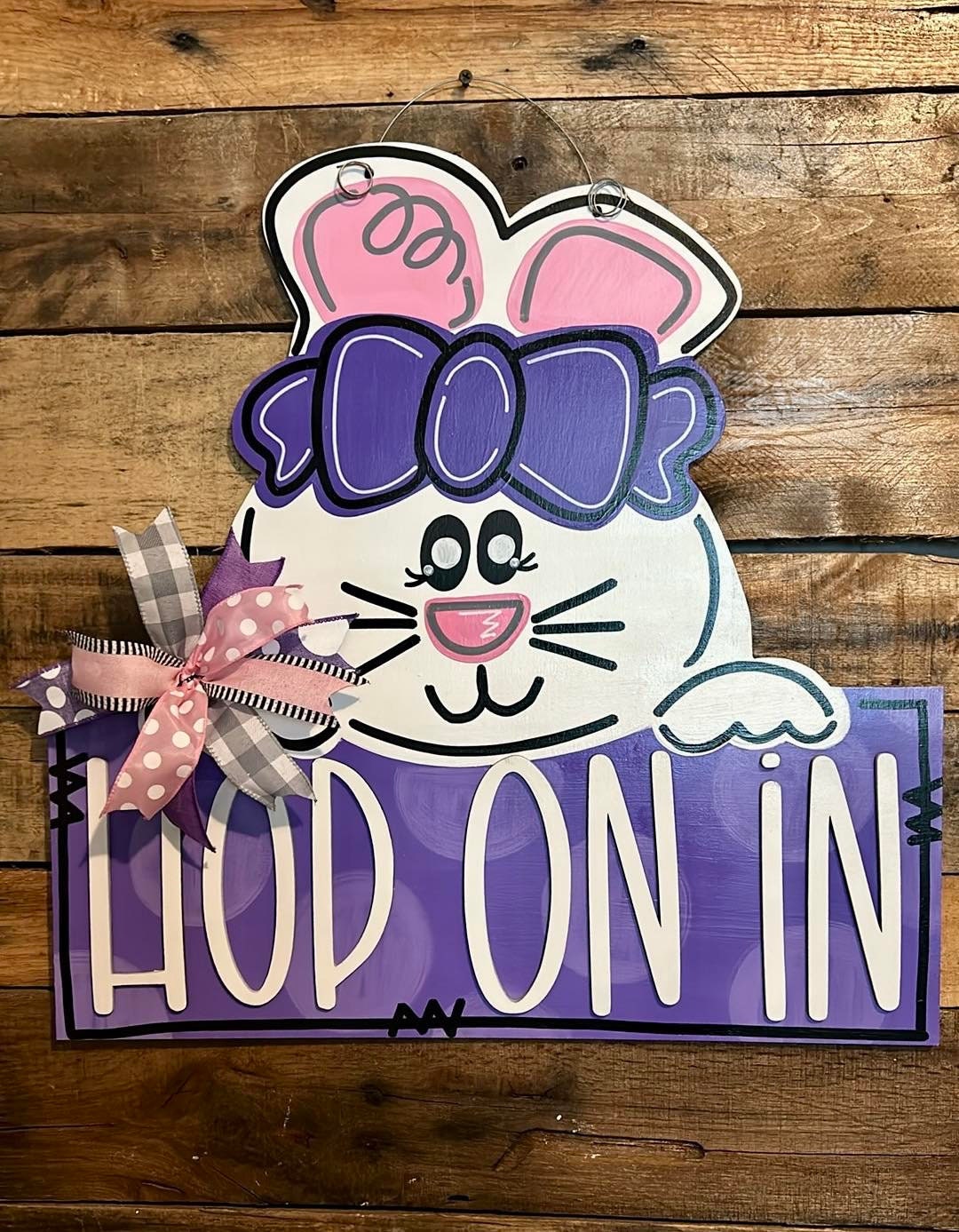 Hop on in Bunny Door Hanger, Easter Bunny Welcome Sign, Purple Bunny ...