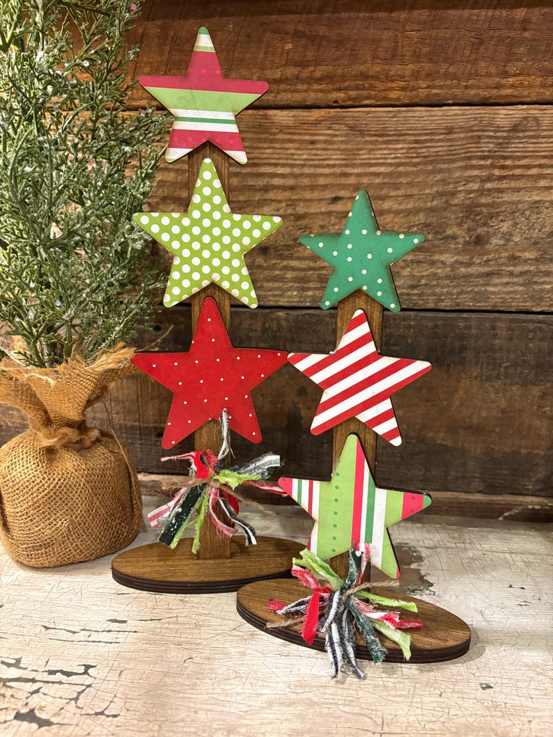 Stacked Wooden Christmas Stars, Rustic Holiday Shelf Decor, Farmhouse ...