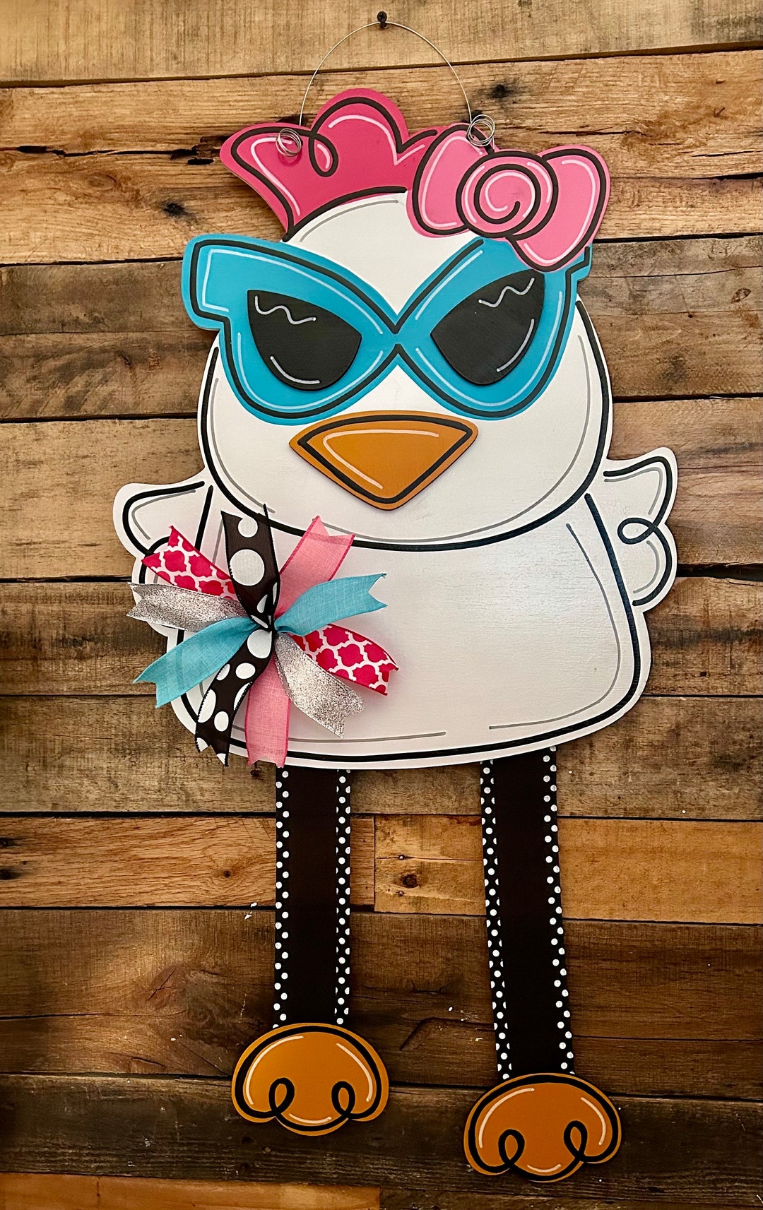 Chicken With Ribbon Legs Door Hanger, Sassy Chick, Chicken With Glasses ...