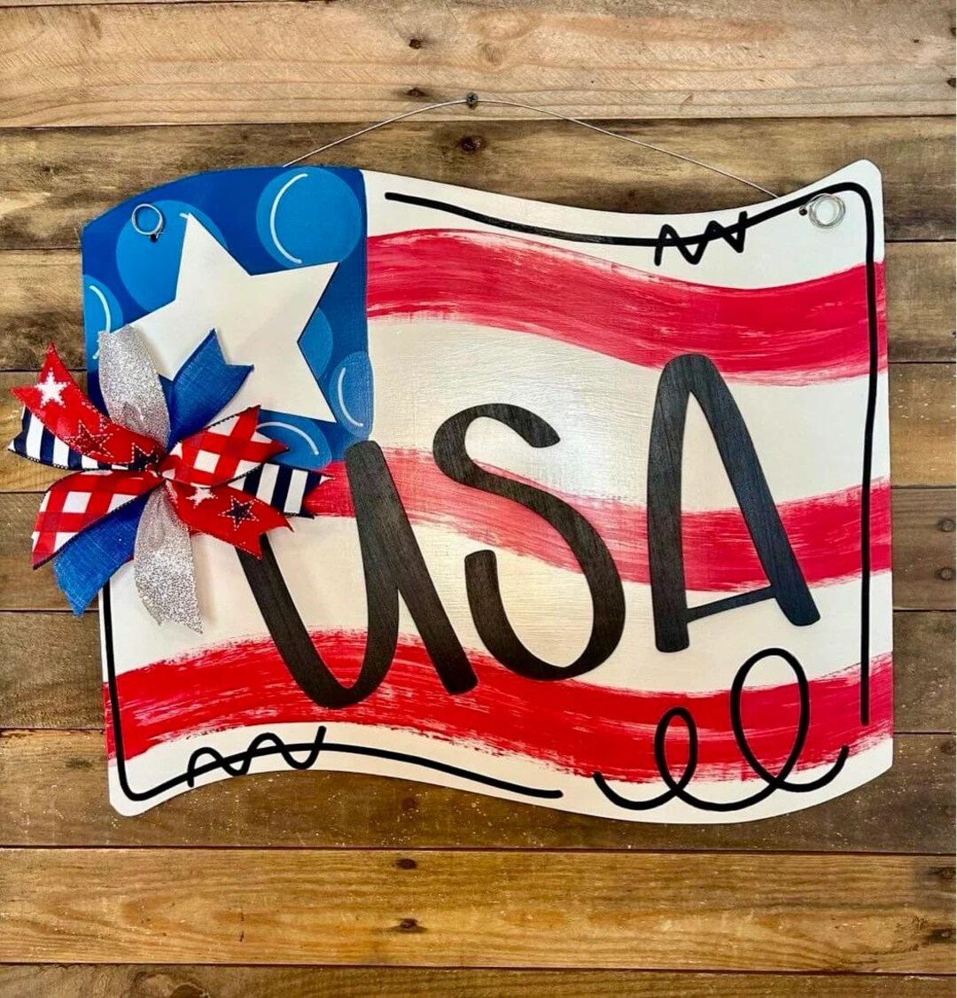 Patriotic USA Door Hanger, 4th of July Door Sign, Red White Blue Wreath ...