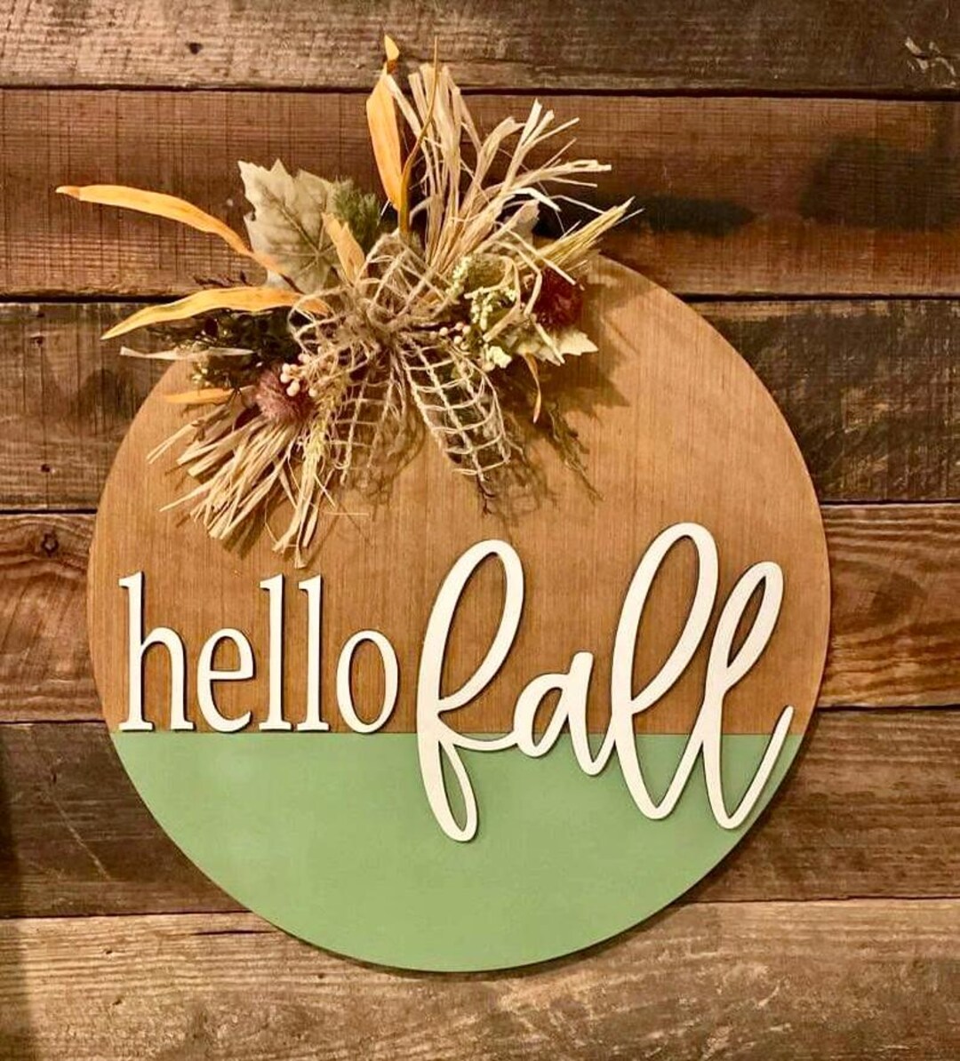 Hello Fall Round Door Hanger With Greenery, Rustic Fall Welcome Sign ...