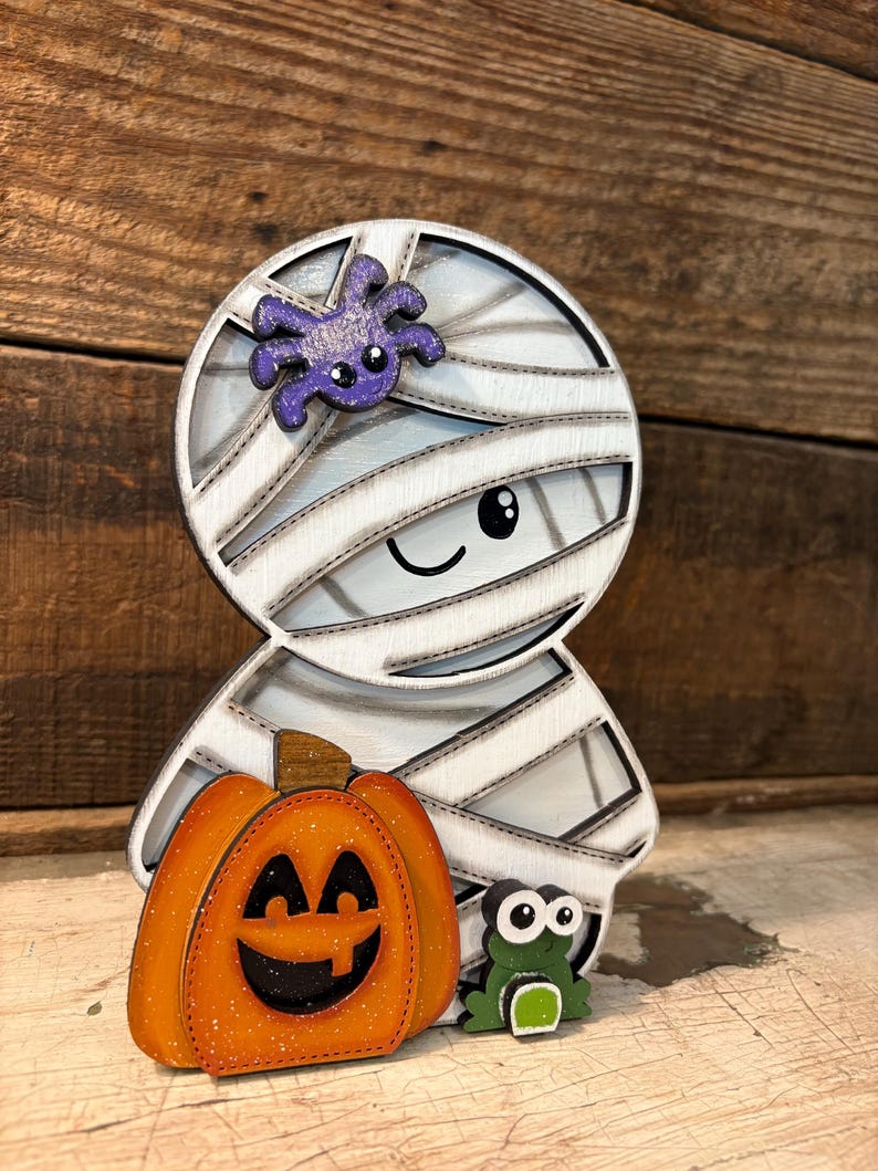 Halloween Mummy Decor, Cute Mummy Shelf Sitter, Pumpkin and Spider Sign ...