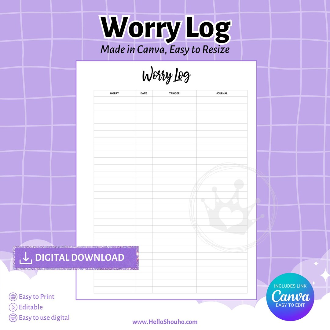 Worry Log, Anxiety or Trigger Tracker | Ready as Classic HP or Easily ...