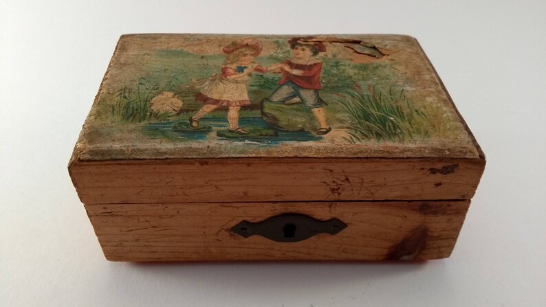 Antique Wooden Box With Hand Painted Top children Crossing a - Etsy
