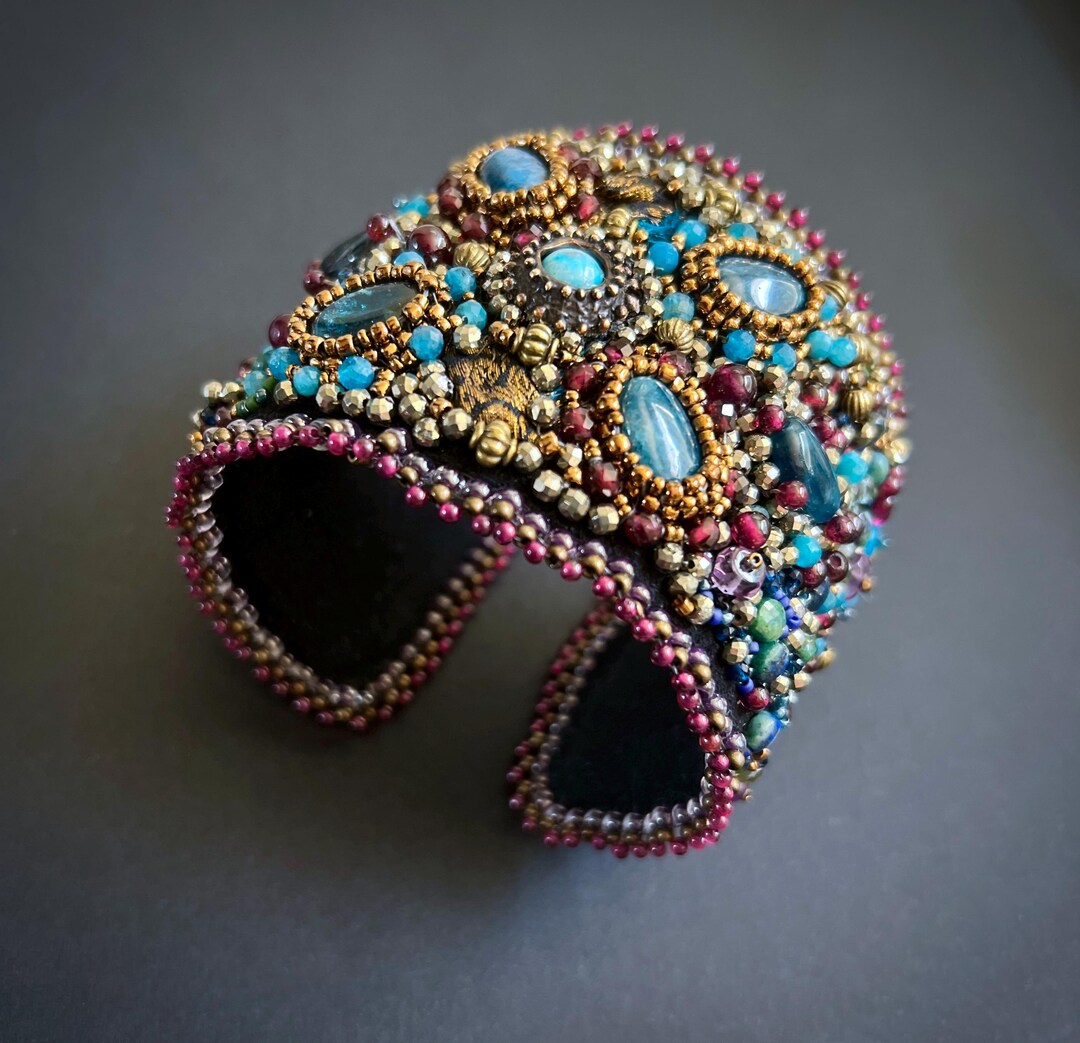 Bead Embroidered Statement Cuff With Gemstones | Beaded Gemstone ...