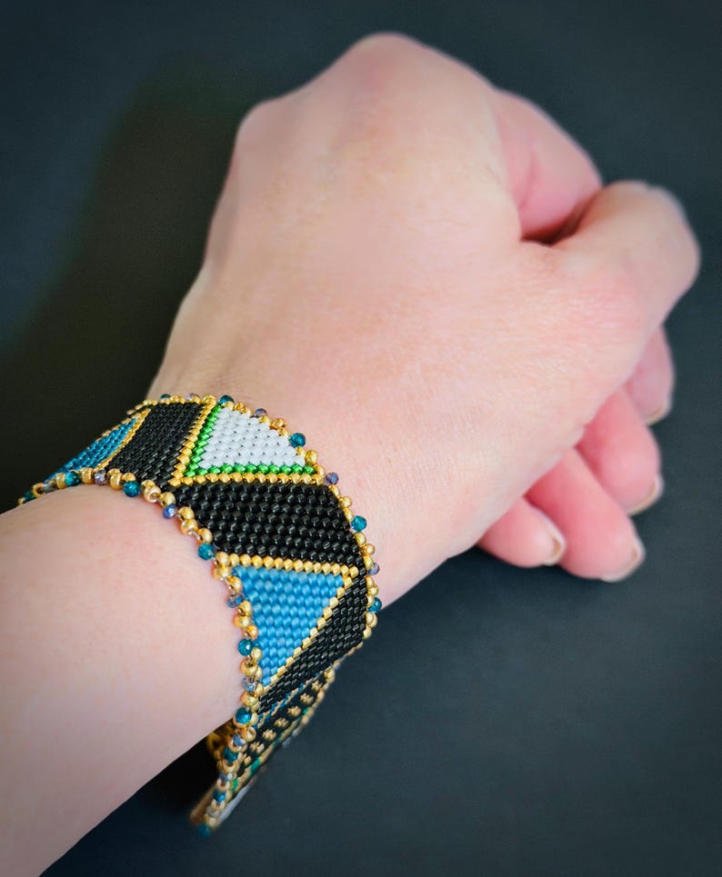 Handwoven Peyote Bracelet With Graphic Design | Beaded Bracelet in ...