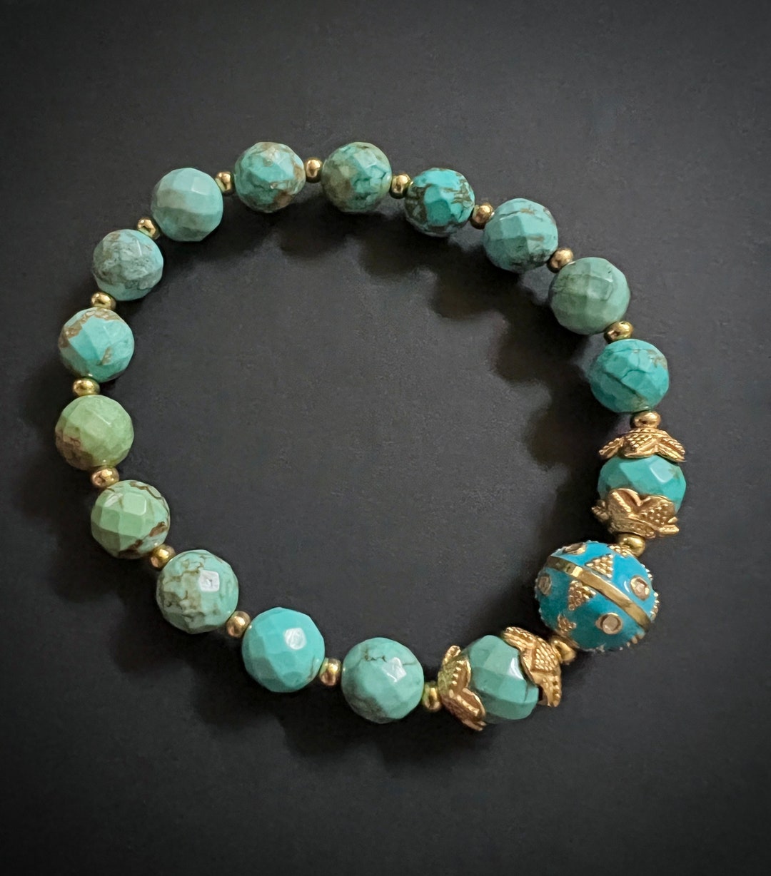 Handmade Turquoise Beaded Bracelet With Pave Diamond Enamel Bead ...