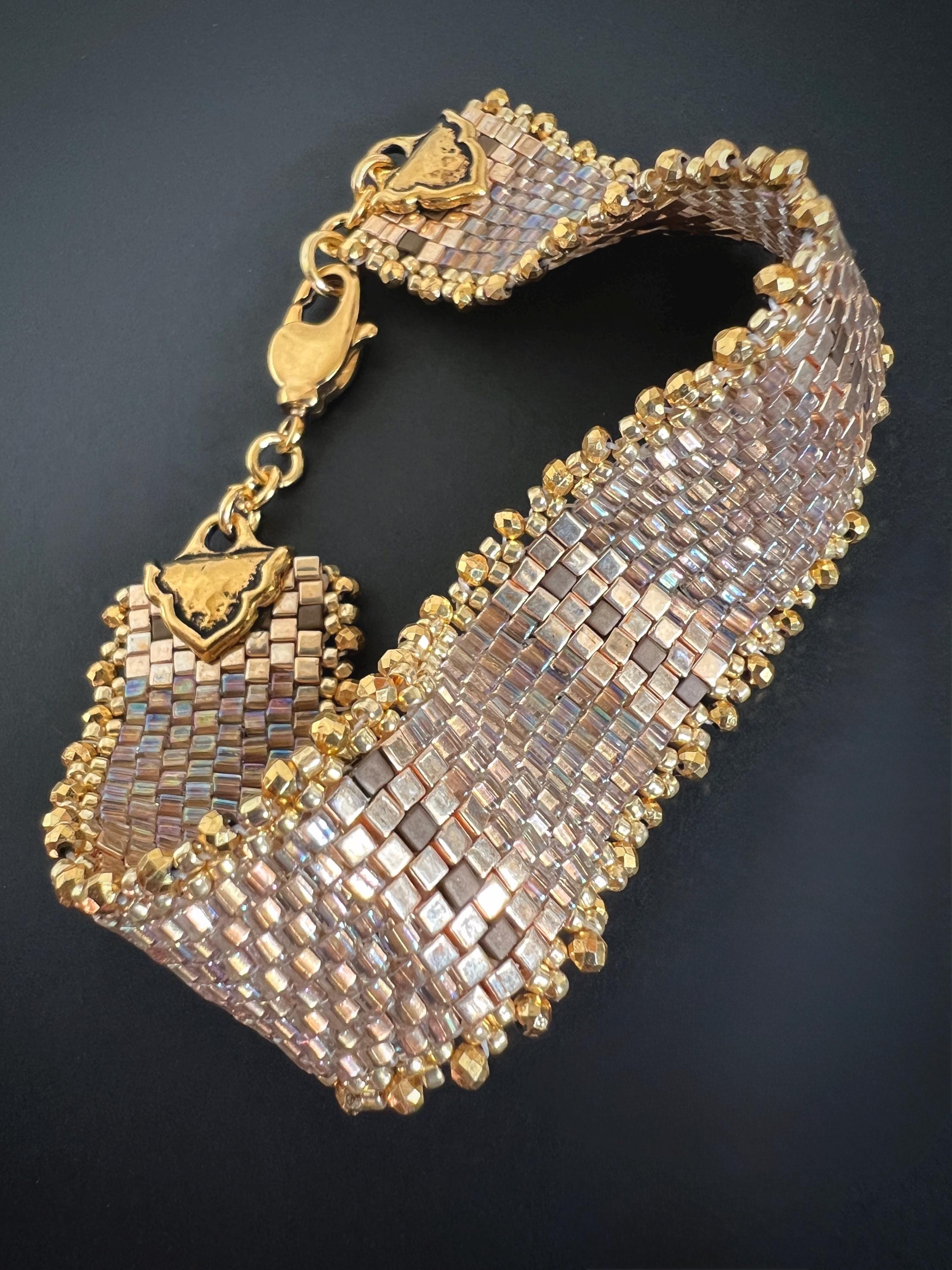 Handwoven Cube Bead Bracelet in Pink Gold and Taupe - Etsy