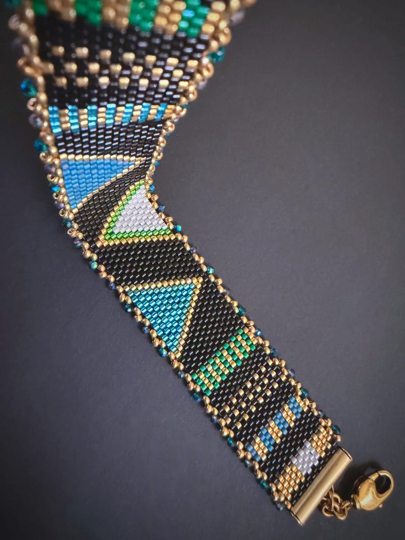 Handwoven Peyote Bracelet With Graphic Design | Beaded Bracelet in ...