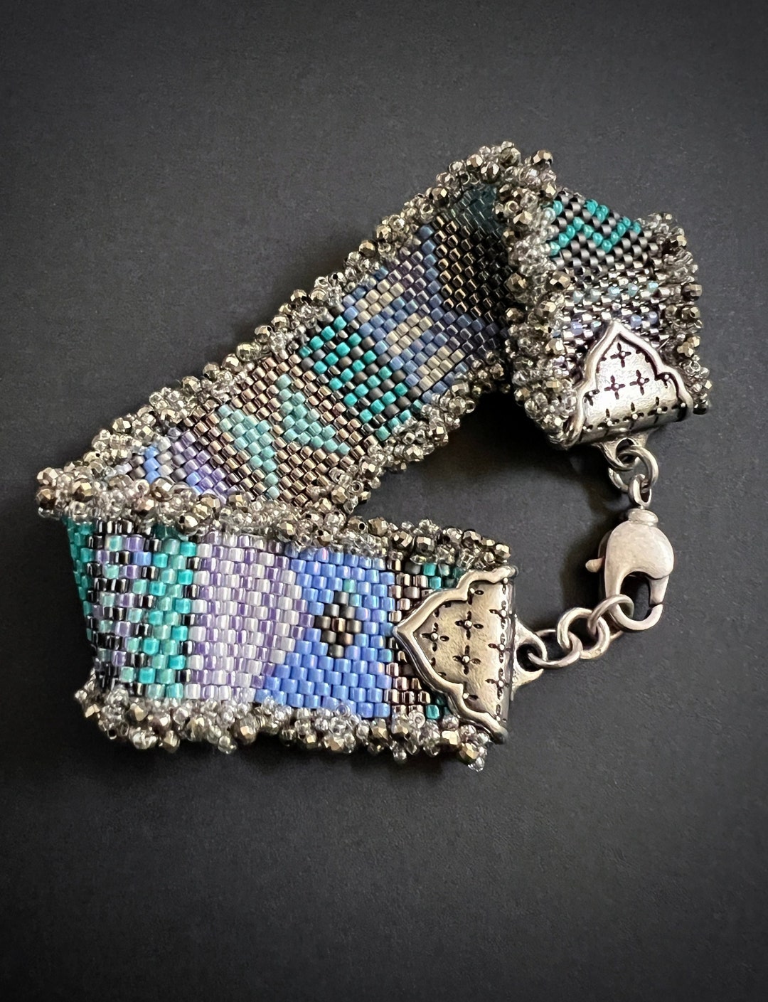 Hand Woven Multi Color Peyote Bracelet With Fringe Trim Handmade Beaded ...