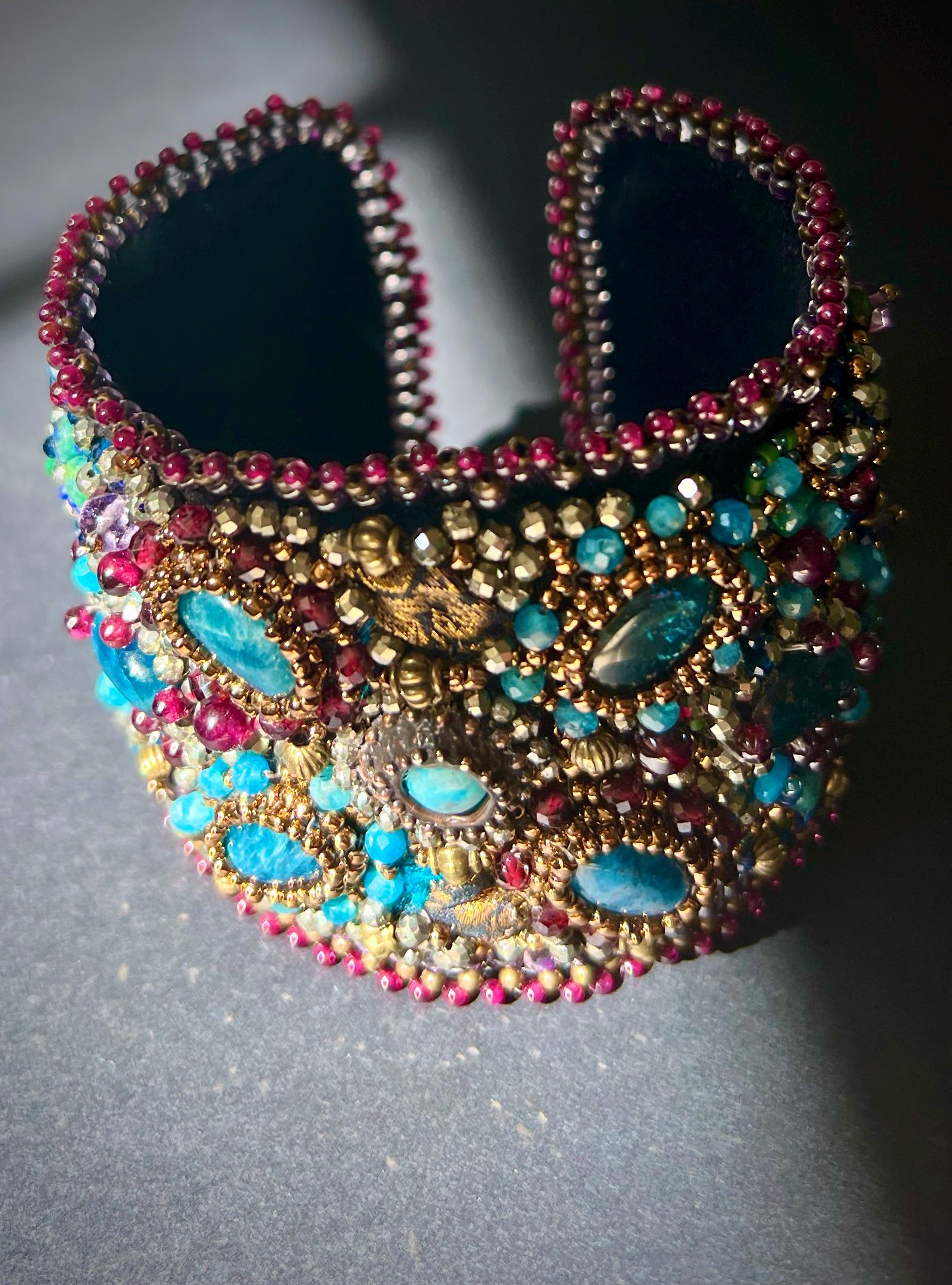 Bead Embroidered Statement Cuff With Gemstones | Beaded Gemstone ...