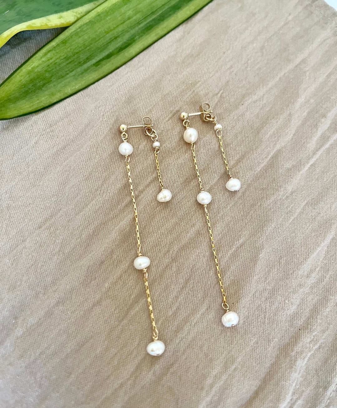 Long WHITE Pearl Chain Earrings (THREE Pearls) | Pearl Earrings | Pearl ...