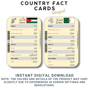 22 Bilingual Arabic English Country Fact Cards, Learn Arabic Vocabulary ...