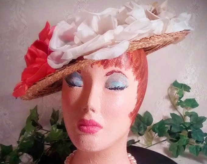 Vintage Ladies Straw Boater With Large Silk Roses - From L940s - Etsy