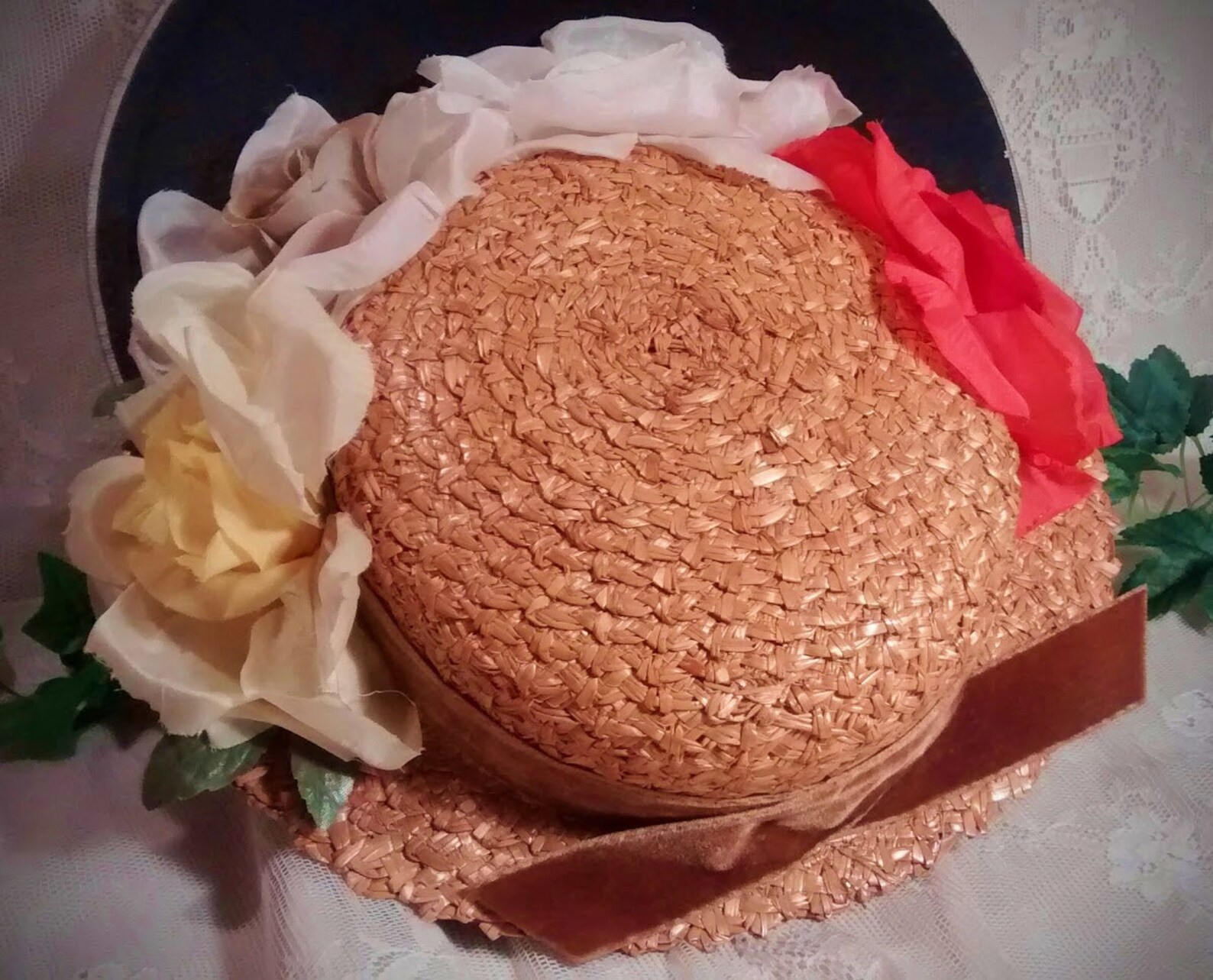 Vintage Ladies Straw Boater With Large Silk Roses From L940s | Etsy