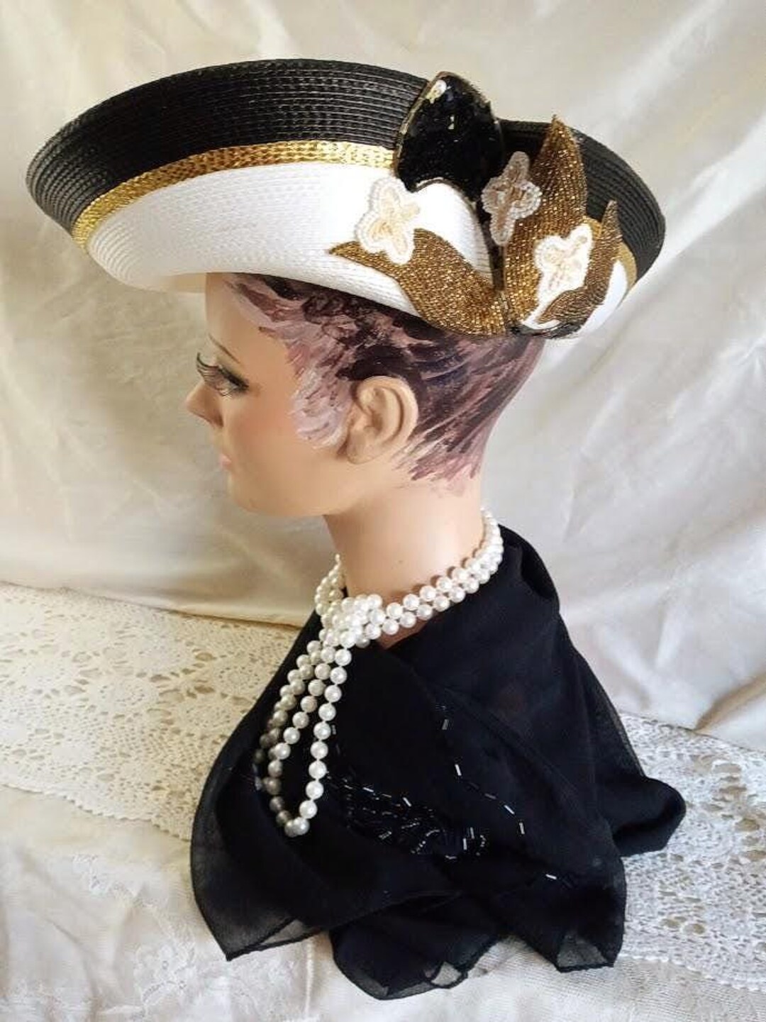 Deborah New York Straw Hat: Black & White Wide Brim - Etsy