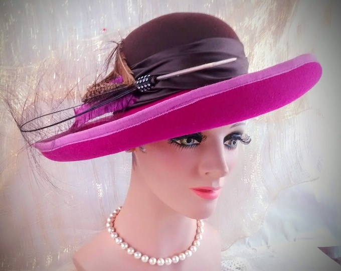 Ladies Vintage Mr Charles Hat / Wide Brim Fuchsia and Brown - Etsy