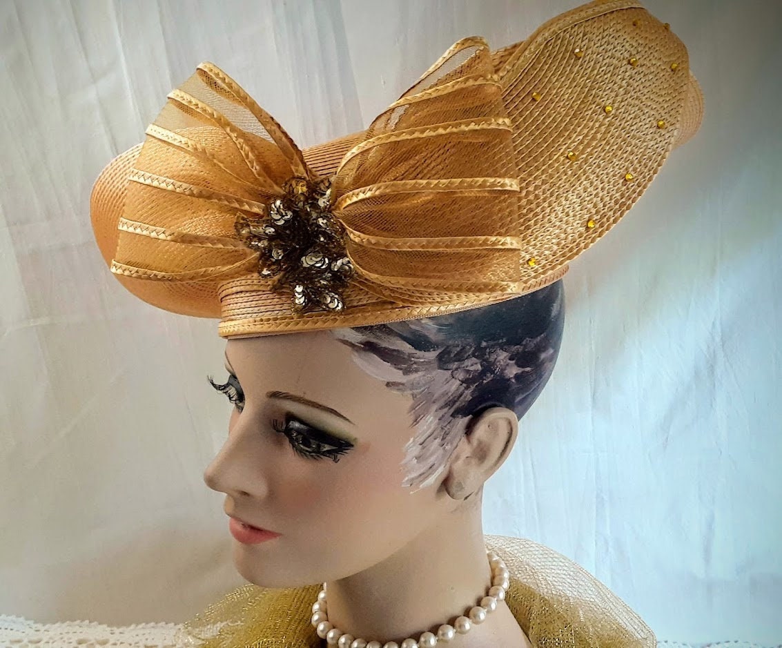 Gold 1950s - 1960s Bridal Wedding hat, Gold Church hat, Gold half hat ...