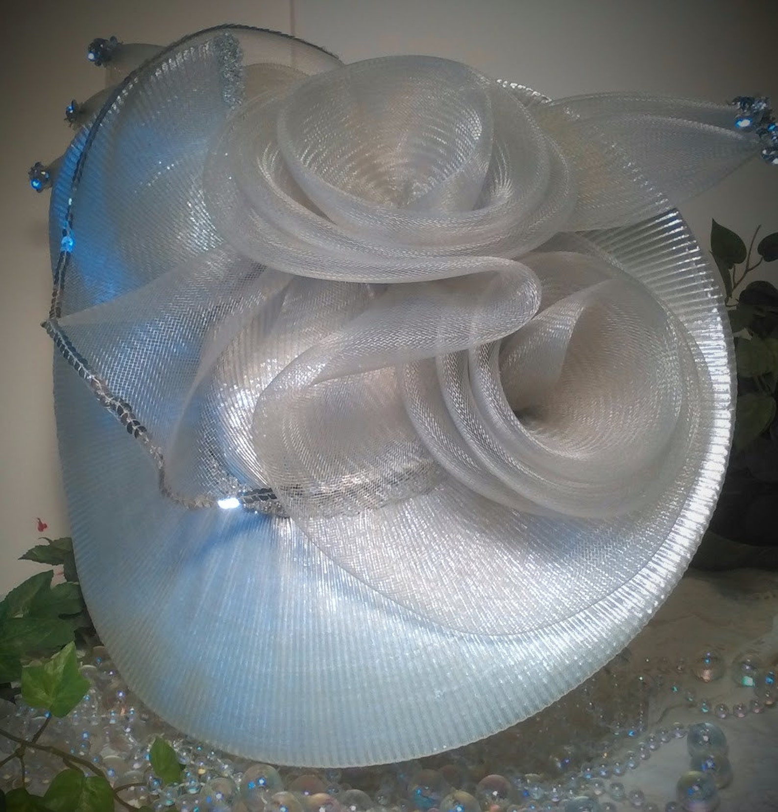 Silver Hat With Large Net Flowers and Sequins | Etsy