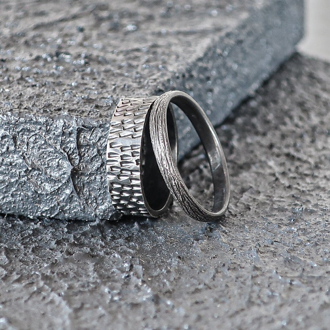 Oxidized Dark Silver Nature Wedding Ring Sets His and Hers Gift for ...