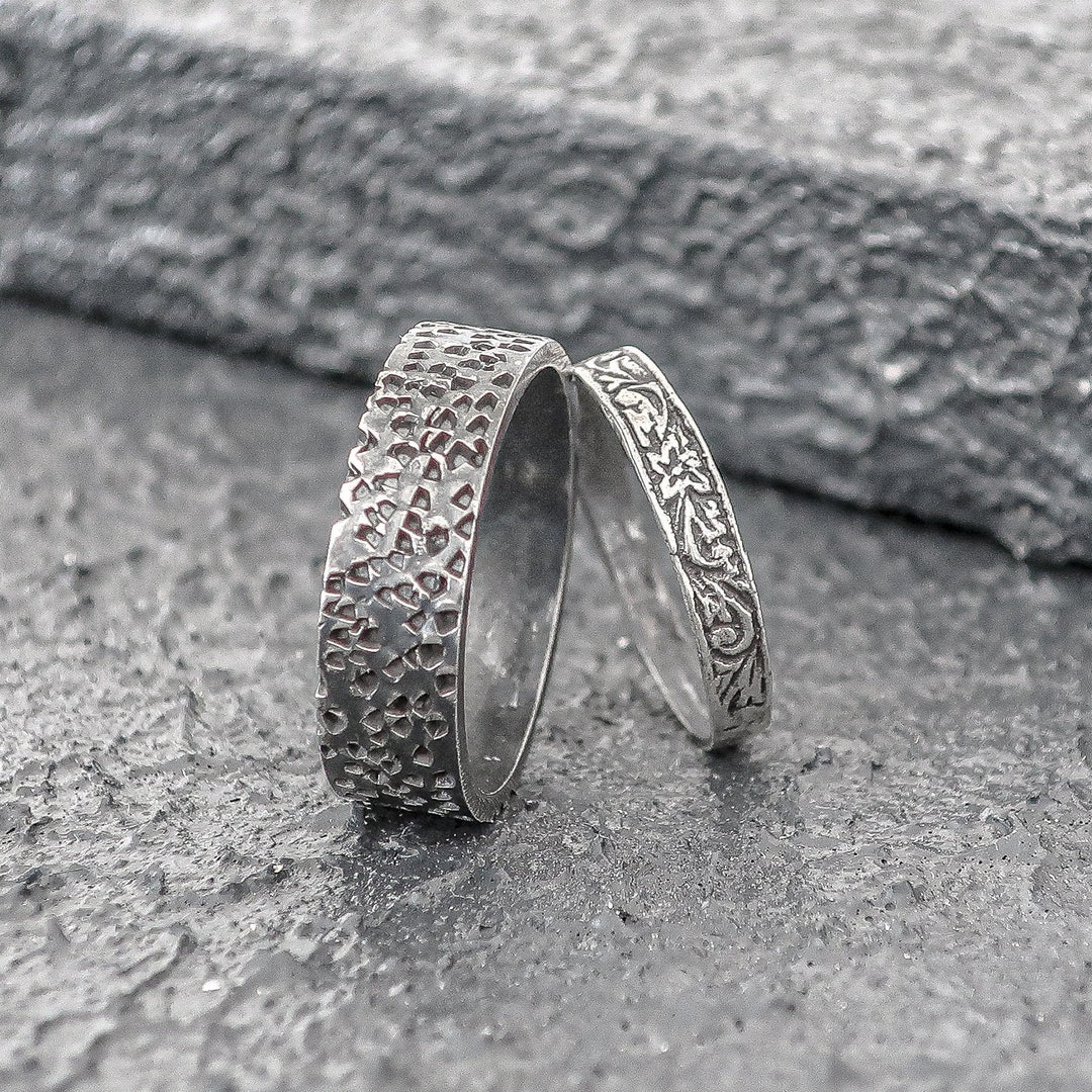 Antique Style Medieval Wedding Band Set Baroque Couples Vine Engagement ...