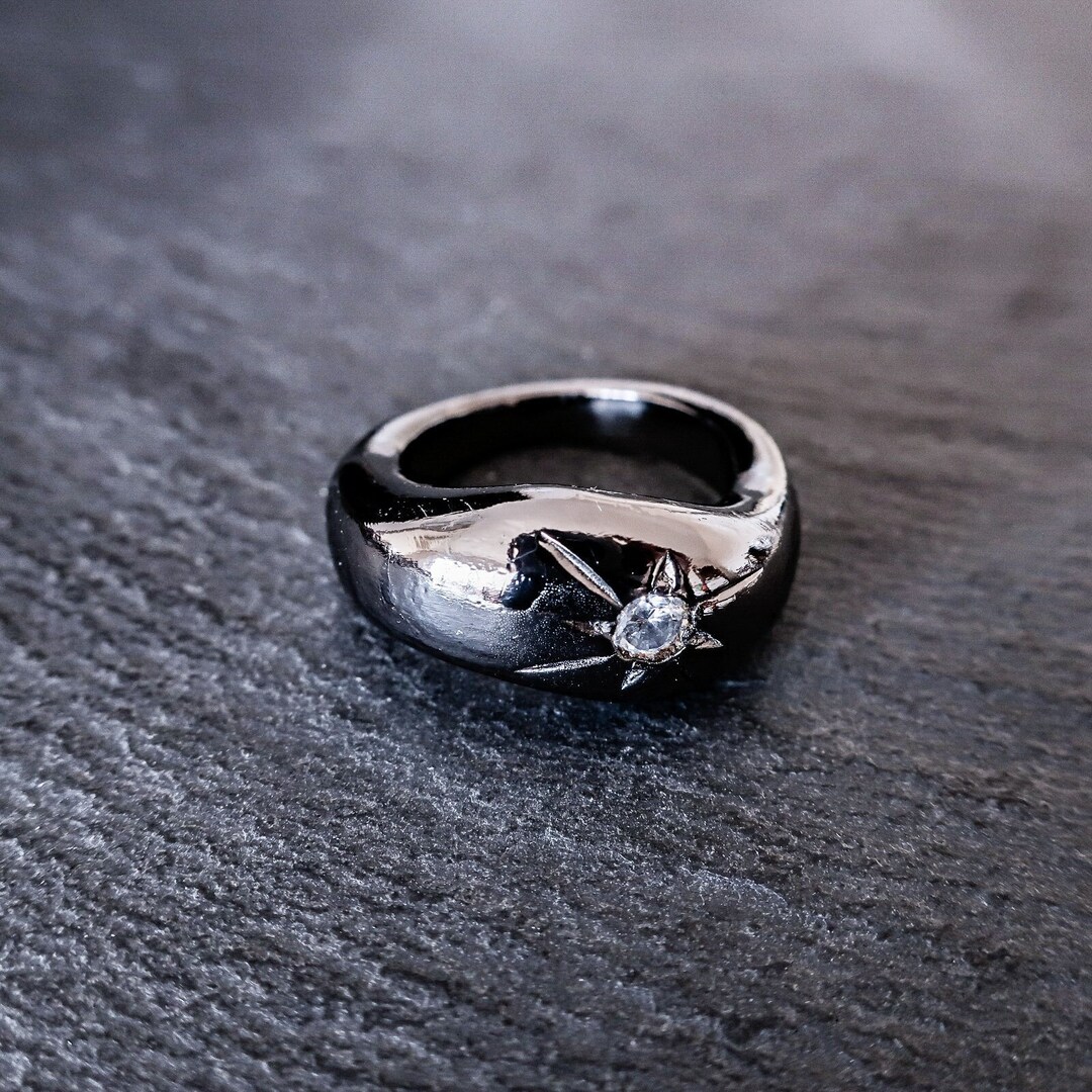 Bold Big Silver Starburst Ring, Dark Dome Celestial Ring, Bubble North Star Ring, Large Pinky ...