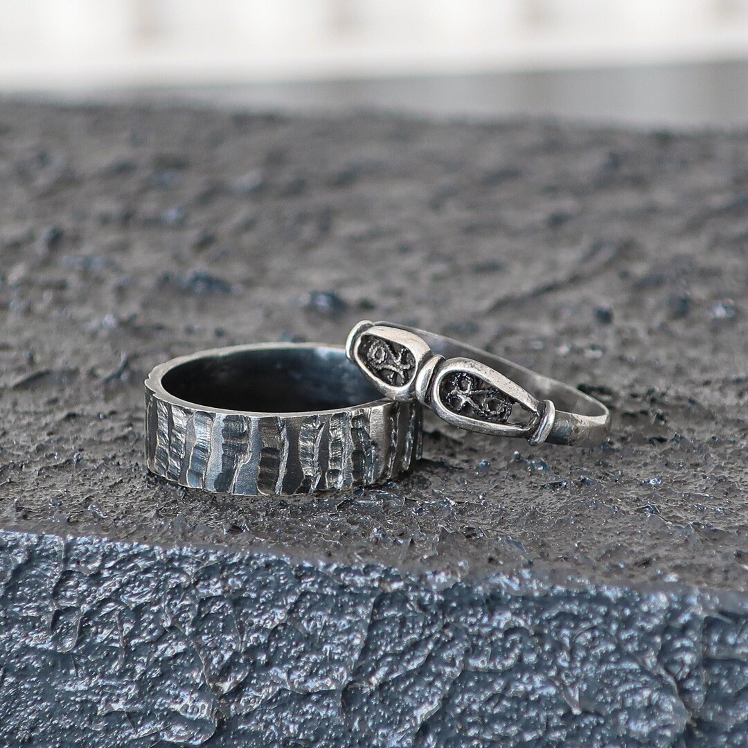 Silver Oxidized Medieval Wedding Ring His Hers Vintage Promise Ring Set ...