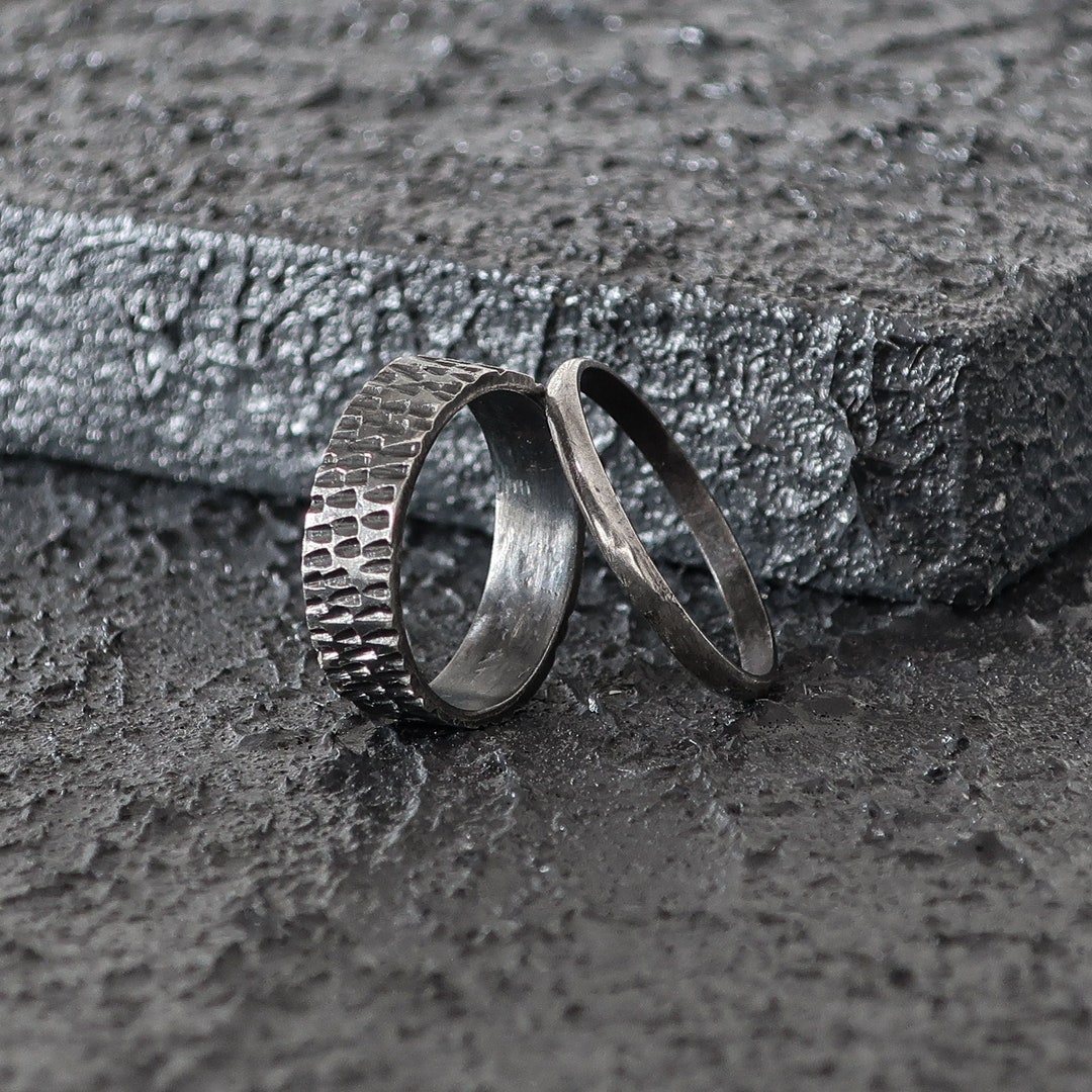 Sterling Silver Pagan Wedding Band Set His Hers Forged Rustic Promise ...