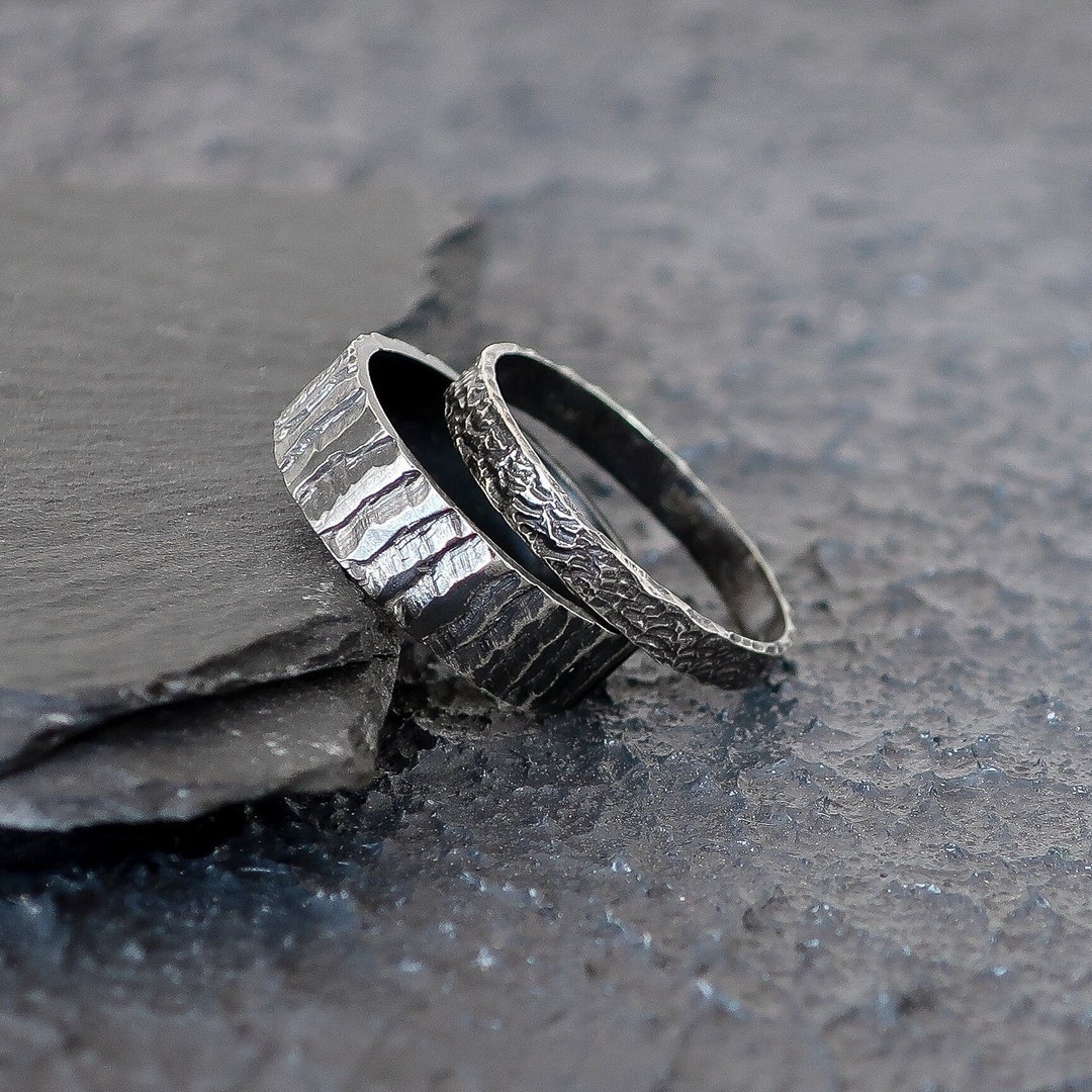 Sterling Silver Wedding Band Set, Rustic Wedding Ring Set, Wide ...