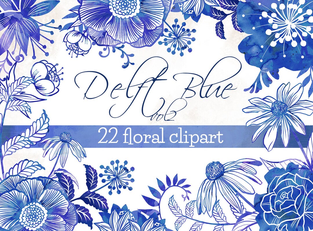 Navy Blue Flowers Watercolor Clipart Png, Delft Blue Elegant Hand ...
